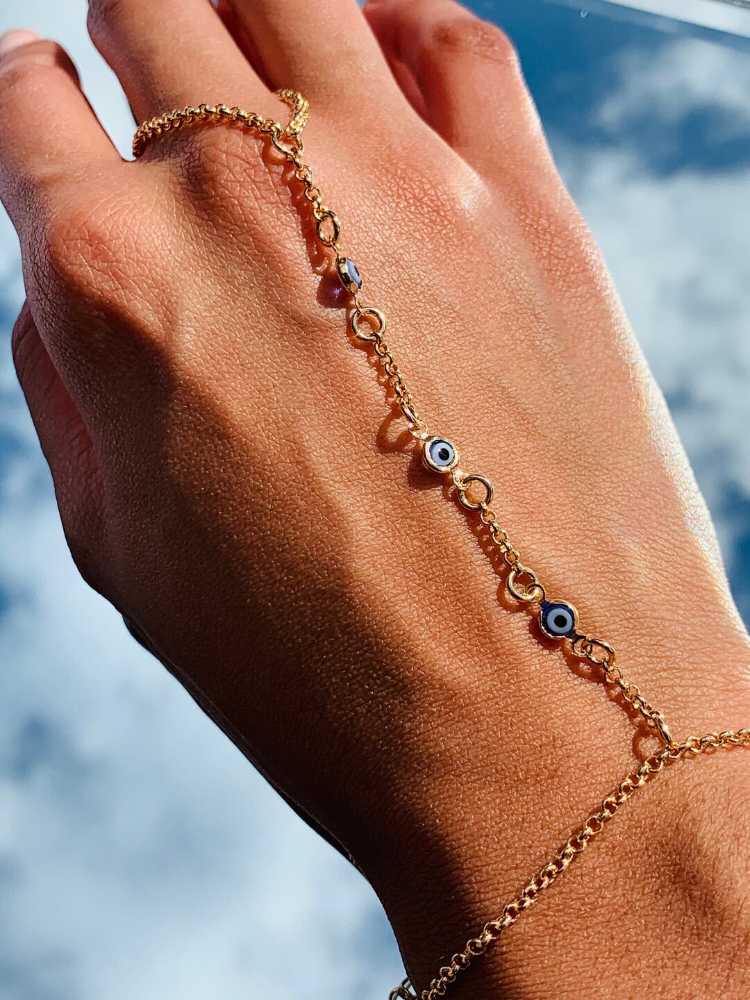 Gold Filled Evil Eye Hand Chain Bracelet, Dainty Ring Bracelet Chain ...