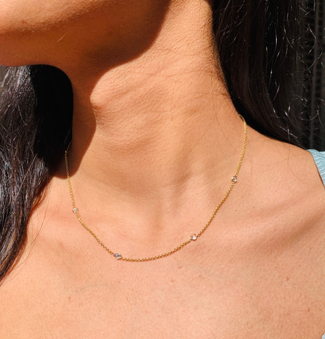 18K GF Dainty Gold Box Chain Necklace, CZ Station Necklace, Gold Filled ...