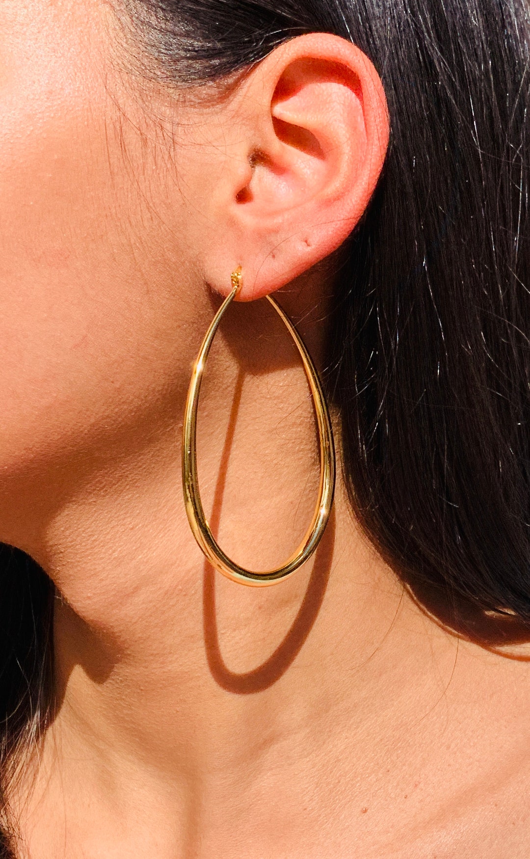 18K Large 3" Teardrop Hoops, Big Gold Filled Hoops, Minimalist Hoop ...