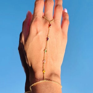 Dainty Gold Filled Beaded Hand Chain Bracelet, CZ Ring Hand Jewelry ...