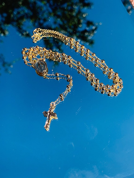 18k Long Rosary Chain Necklacedainty Gold Filled Tiny Cross - Etsy