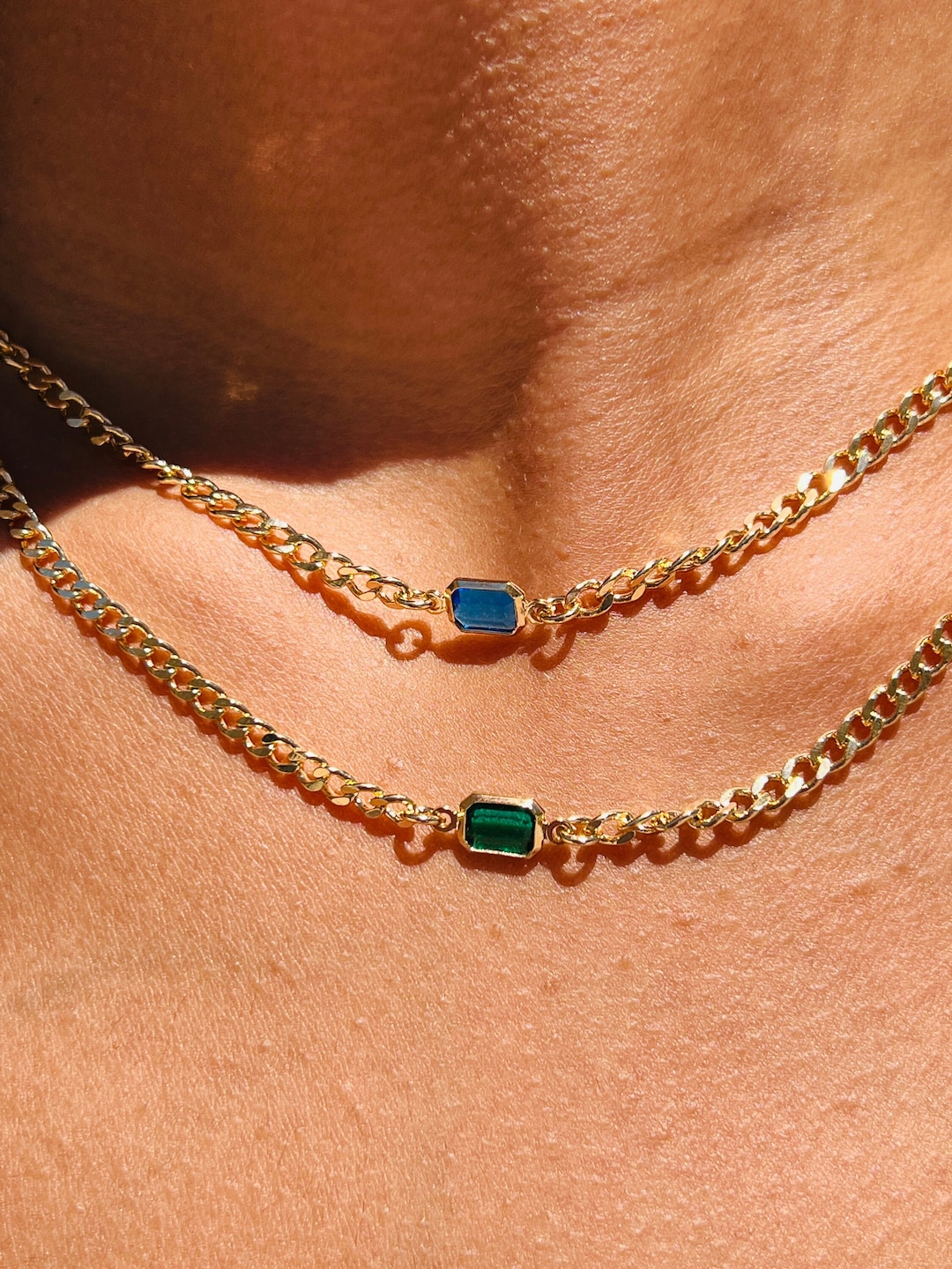 Emerald Green Gemstone Necklace, Gold Filled Curb Chain With Emerald ...