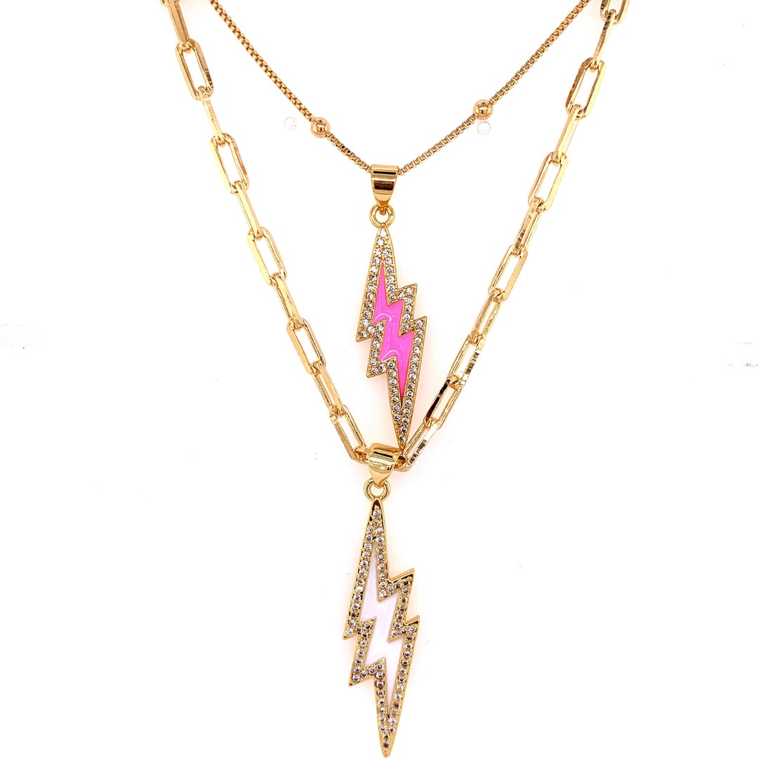Gold Lightning Bolt Necklace on Rectangle Link Chain,paperclip Bolt ...