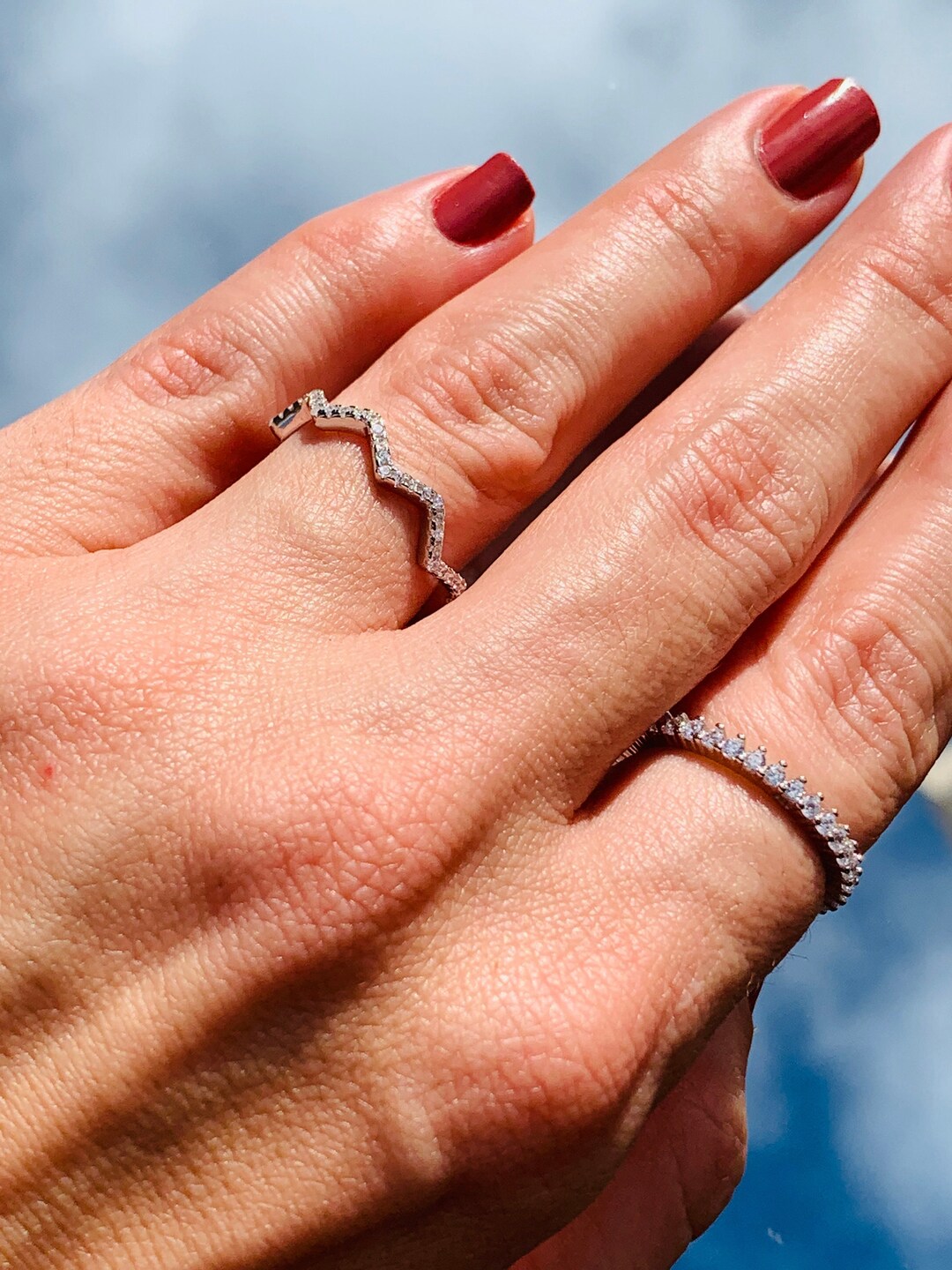 Dainty Eternity Band Ring, Simple Diamond Ring, Stackable Ring, Silver Thumb Ring, Waved Ring ...