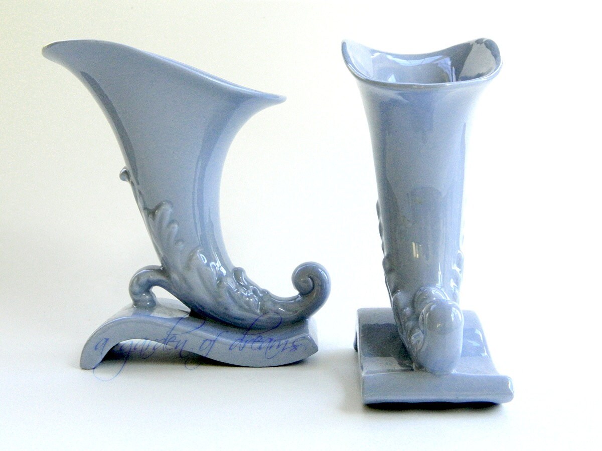 Pair of Cornucopia Vases Art Deco Light Blue Stylized - Etsy