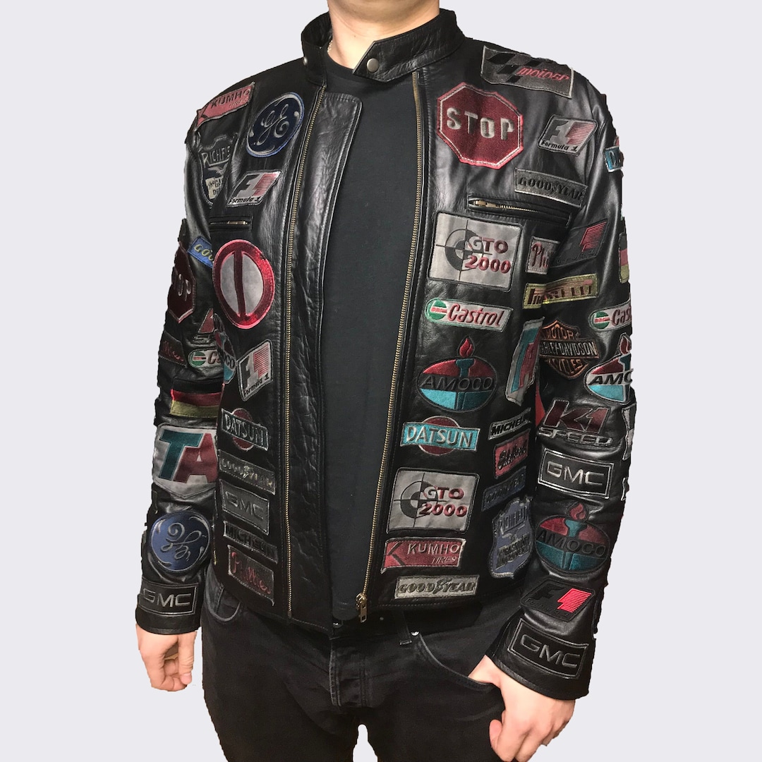 Leather Jacket Men Cafe Racer Jacket Handmade Punk Embroidery Patches ...
