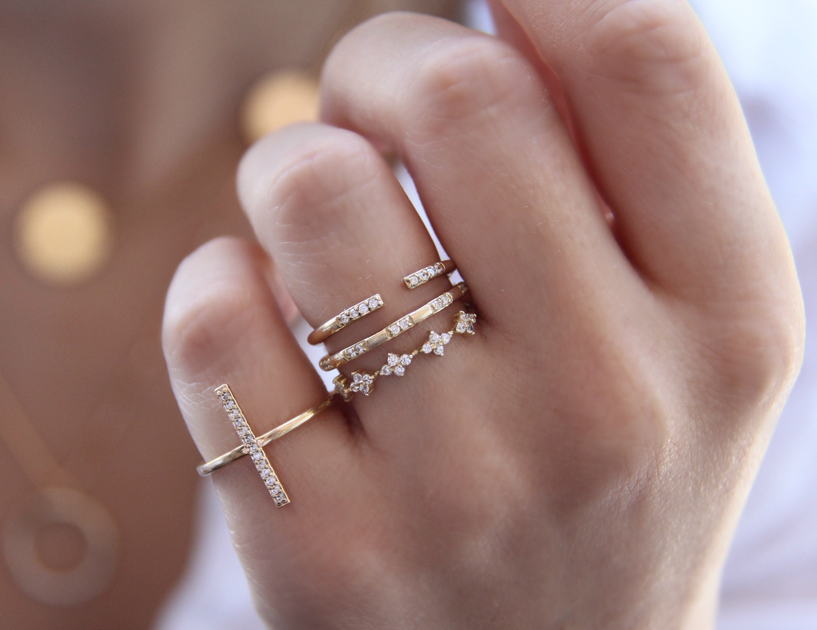 Solid Gold Ring Open Diamond Ring Gold Stacking Rings | Etsy