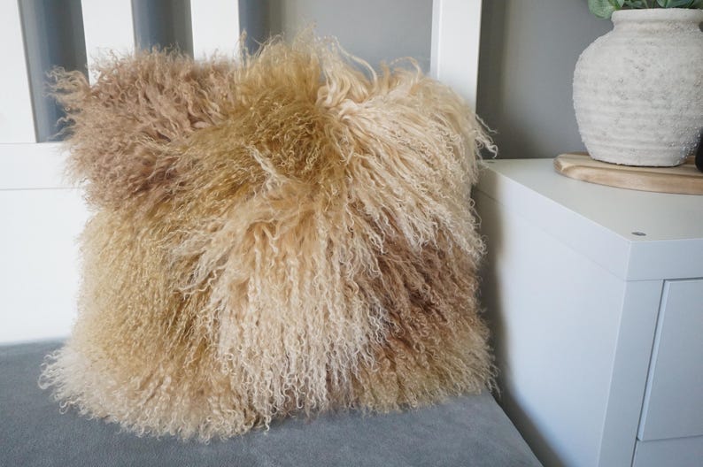 Genuine Mongolian Sheepskin Cushion Cover | Patchwork Fur Pillow ...