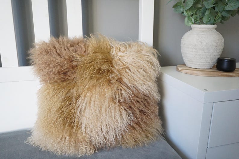 Genuine Mongolian Sheepskin Cushion Cover | Patchwork Fur Pillow ...