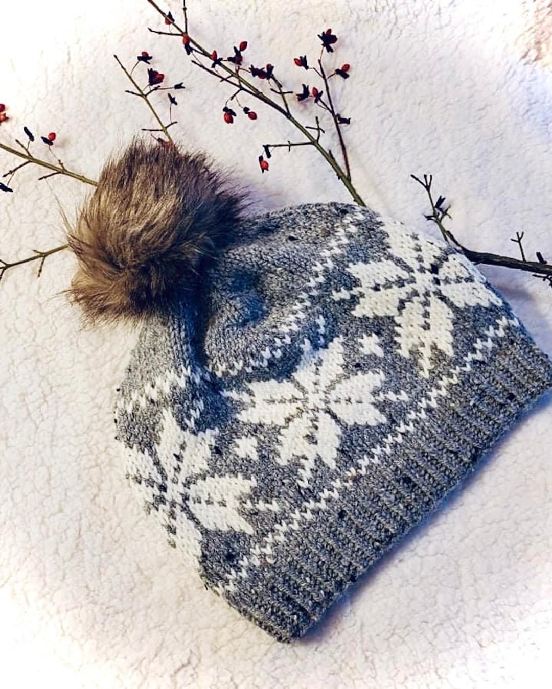 Norwegian Star Knit Wool Hat in Gray Tweed - Etsy