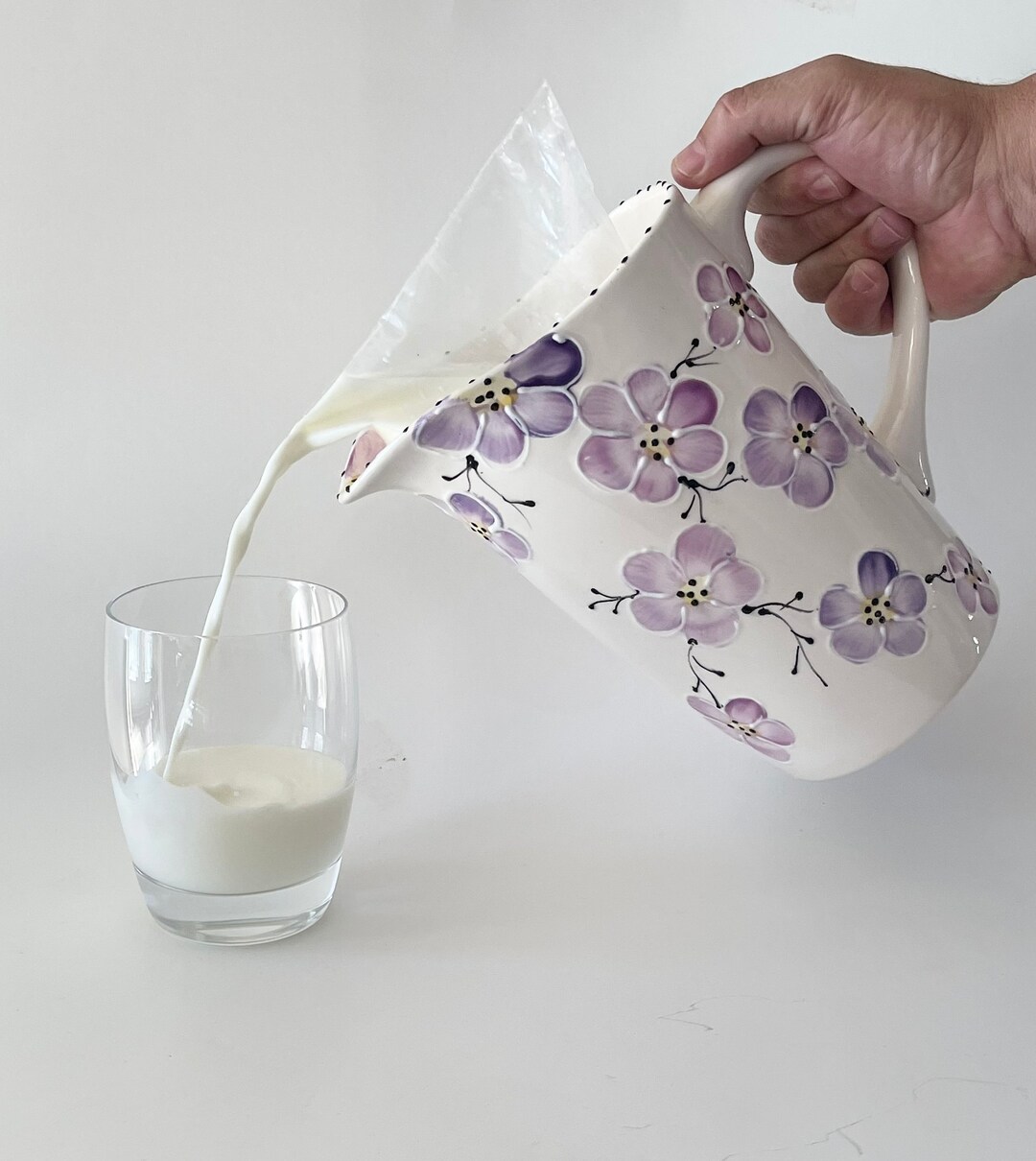 Hand Painted Purple Ceramic Pitcher for Milk, Ceramic Milk Bag Holder ...