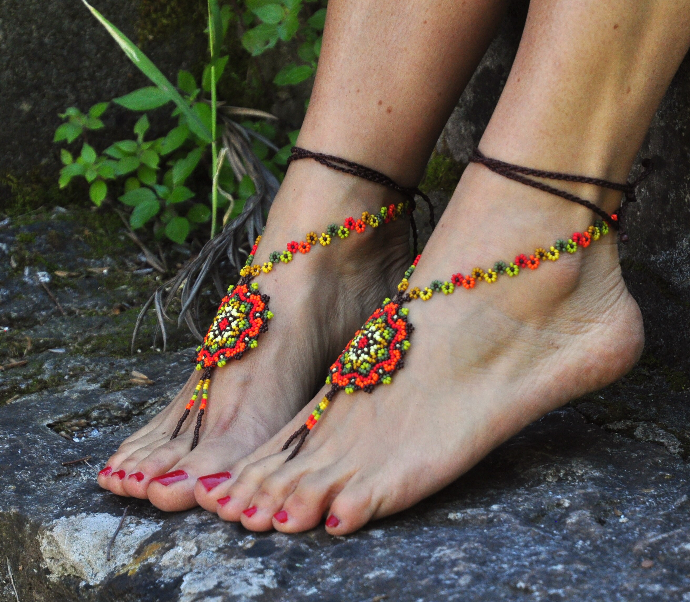 Huichol Beaded Barefoot Sandals: Mexican Folk Art, Beach Wedding Anklet ...