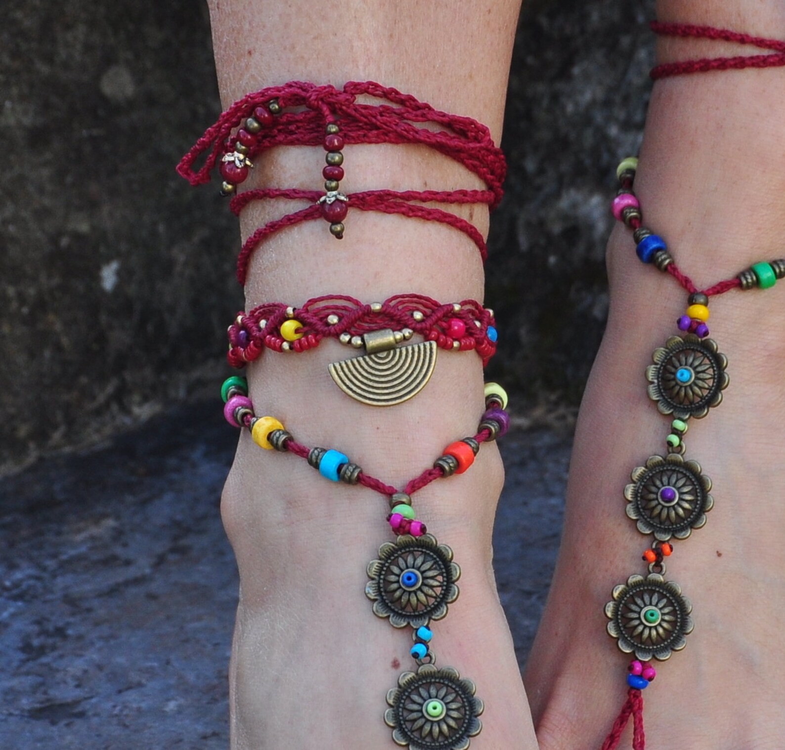 Gipsy RED ANKLET Boho MACRAME AnkletFoot JewelryHippie | Etsy