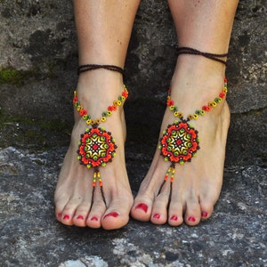 Huichol Beaded Barefoot Sandals: Mexican Folk Art, Beach Wedding Anklet ...