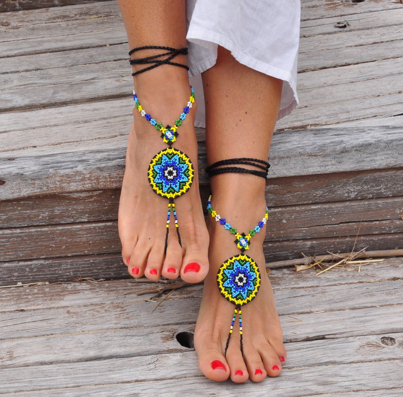 Huichol Barefoot SandalsNative American jewelryMexican folk | Etsy