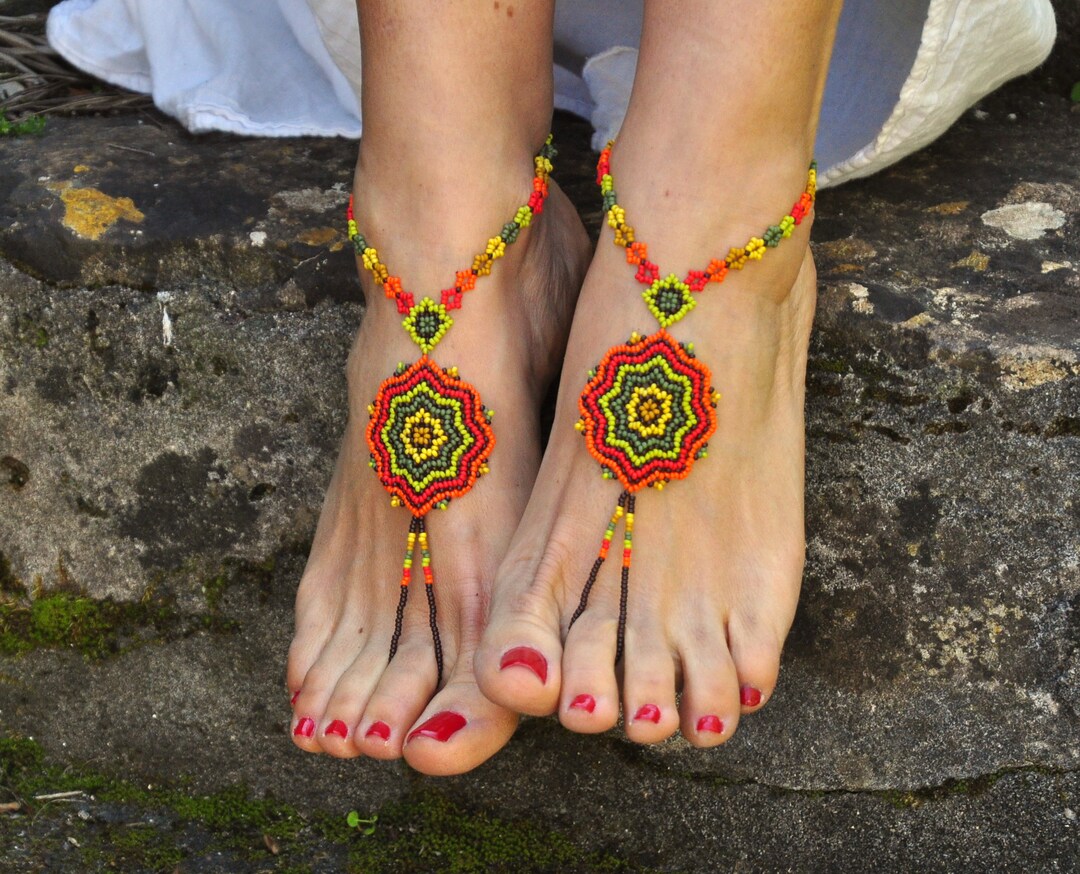 Native American Barefoot Sandals,huichol Jewelry,mexican Folk Art,beach ...