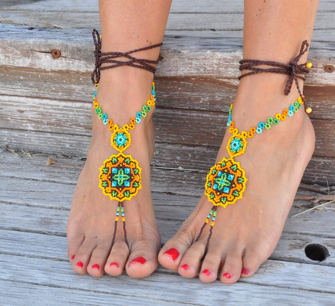 Native American Barefoot Sandals,huichol Mandala,mexican Folk Art,beach ...