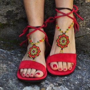 Huichol Beaded Barefoot Sandals: Mexican Folk Art, Beach Wedding Anklet ...