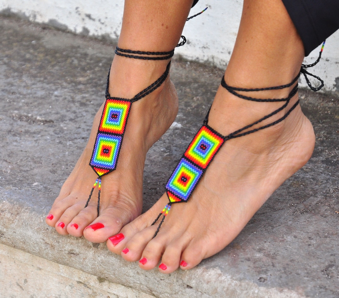 Peyote Barefoot Sandals, Native American Jewelry, Rainbow Flower Anklet ...