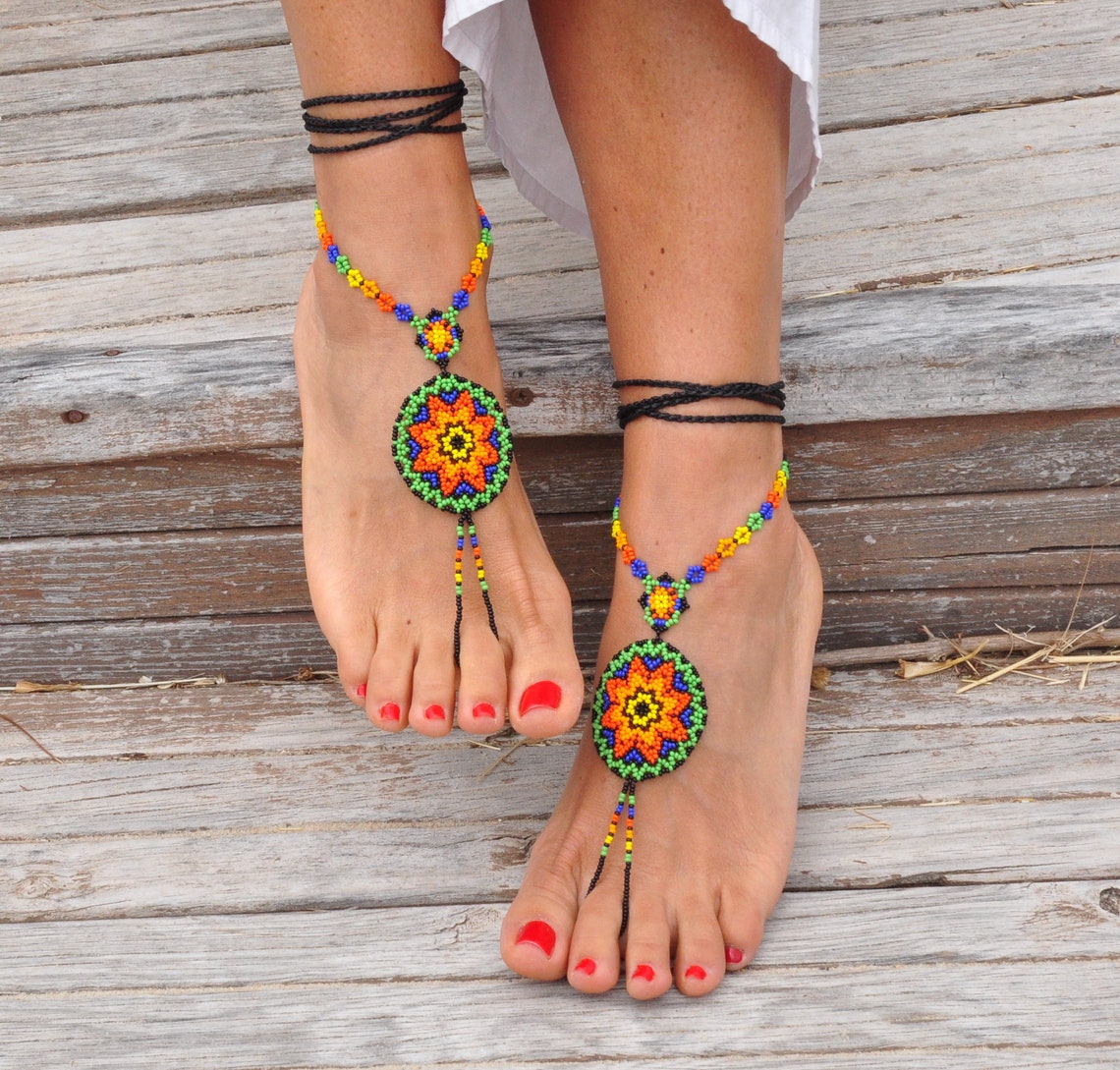 Huichol Barefoot Sandalsnative American Jewelrymexican Folk - Etsy