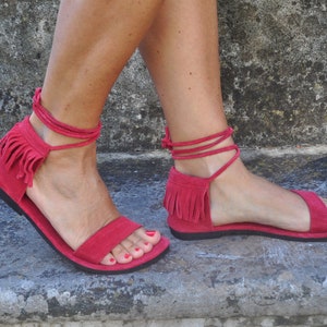 Red Suede Leather Sandals, Fringe Leather Sandals, Flat Sandals, Summer ...