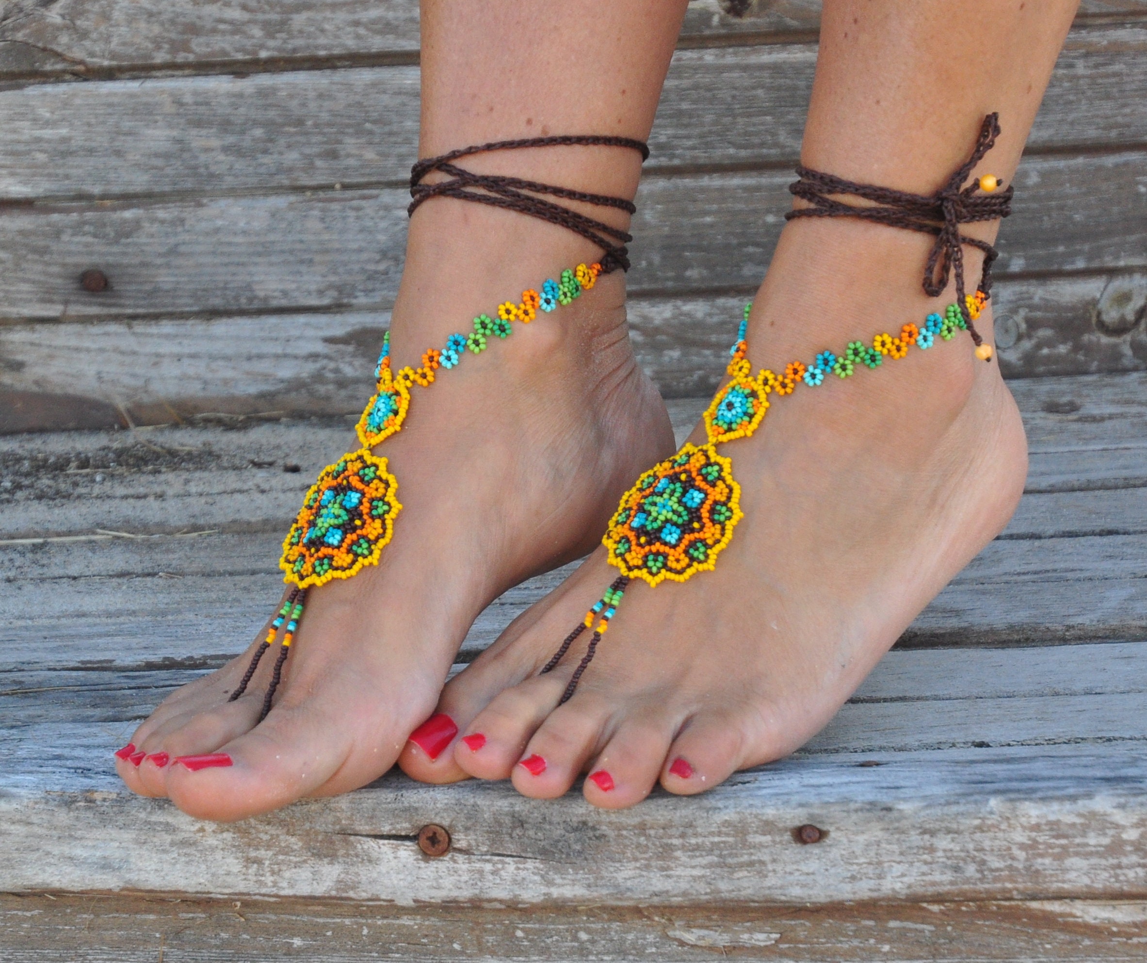 Native American Barefoot SandalsHuichol mandalaMexican folk | Etsy