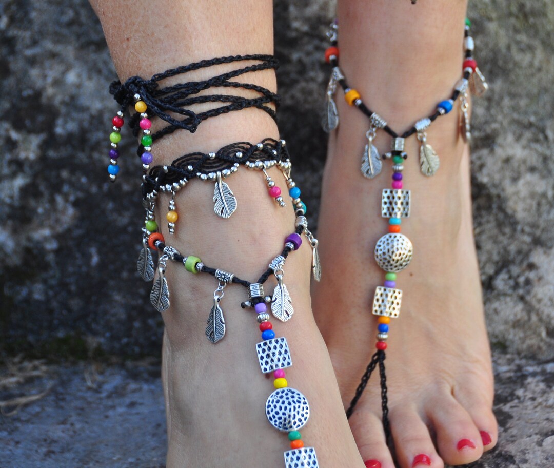 Hippie Anklet,black and Silver,macrame Anklet,feet Jewelry,ankle ...