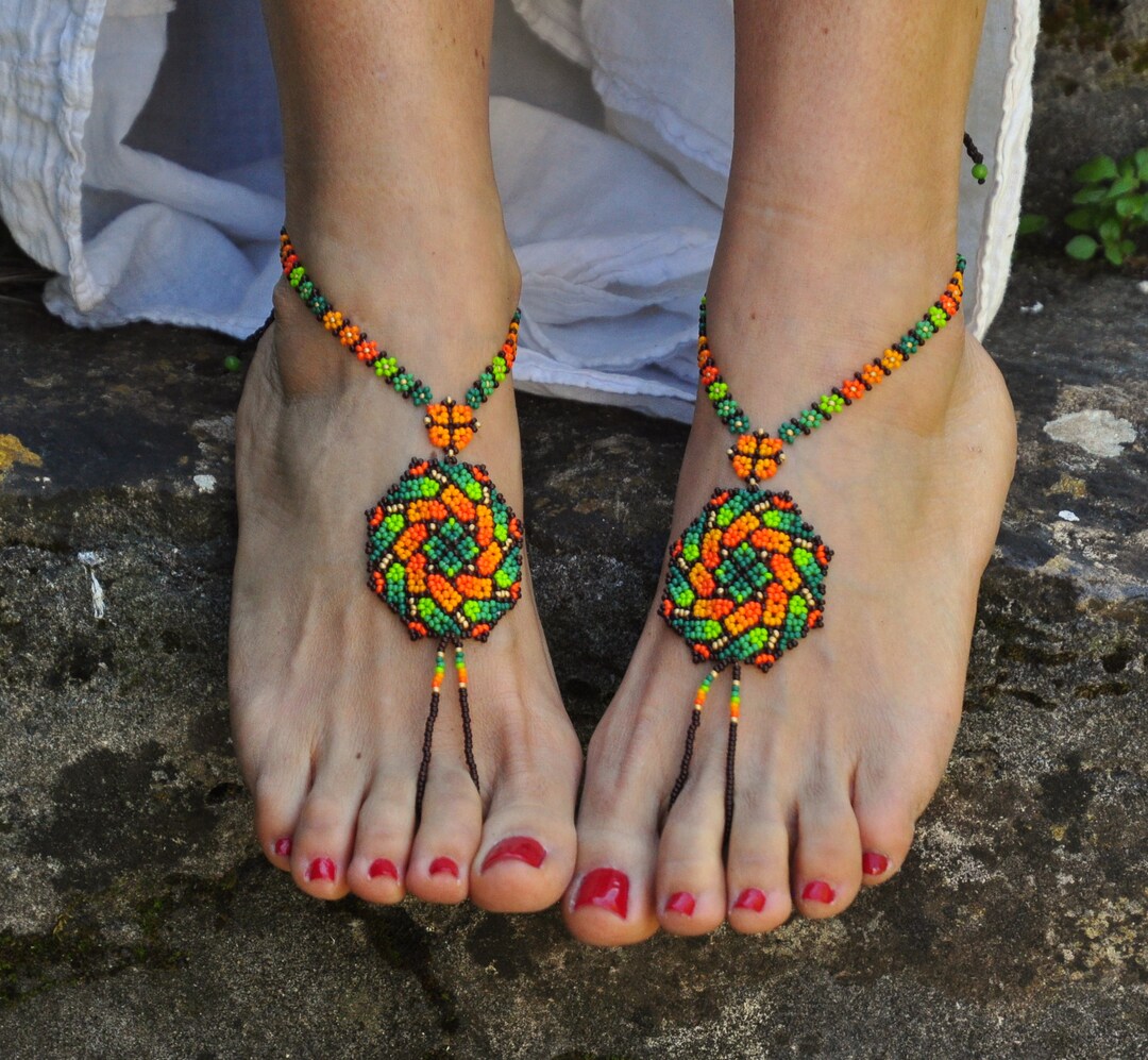 Native American Barefoot Sandals,huichol Mandala,mexican Folk Art,beach ...