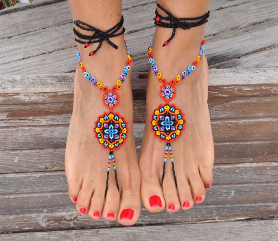 Native American Barefoot SandalsHuichol mandalaMexican folk | Etsy
