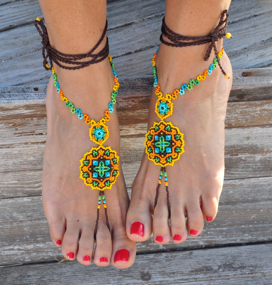 Native American Barefoot SandalsHuichol mandalaMexican folk | Etsy