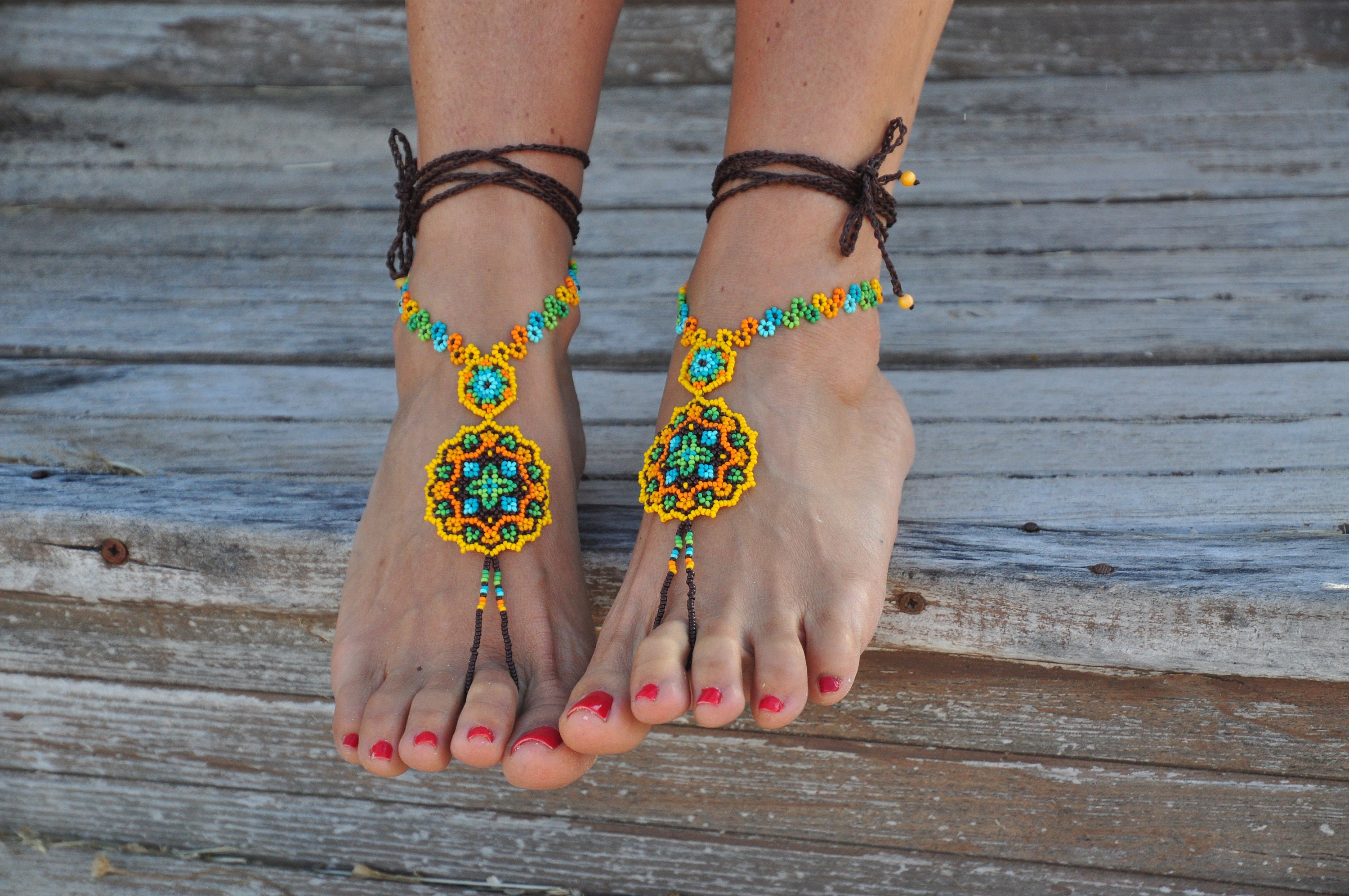 Native American Barefoot SandalsHuichol mandalaMexican folk | Etsy