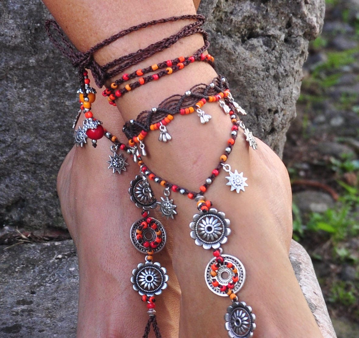 Fire MACRAME ANKLET Brown orange and red AnkletFoot | Etsy