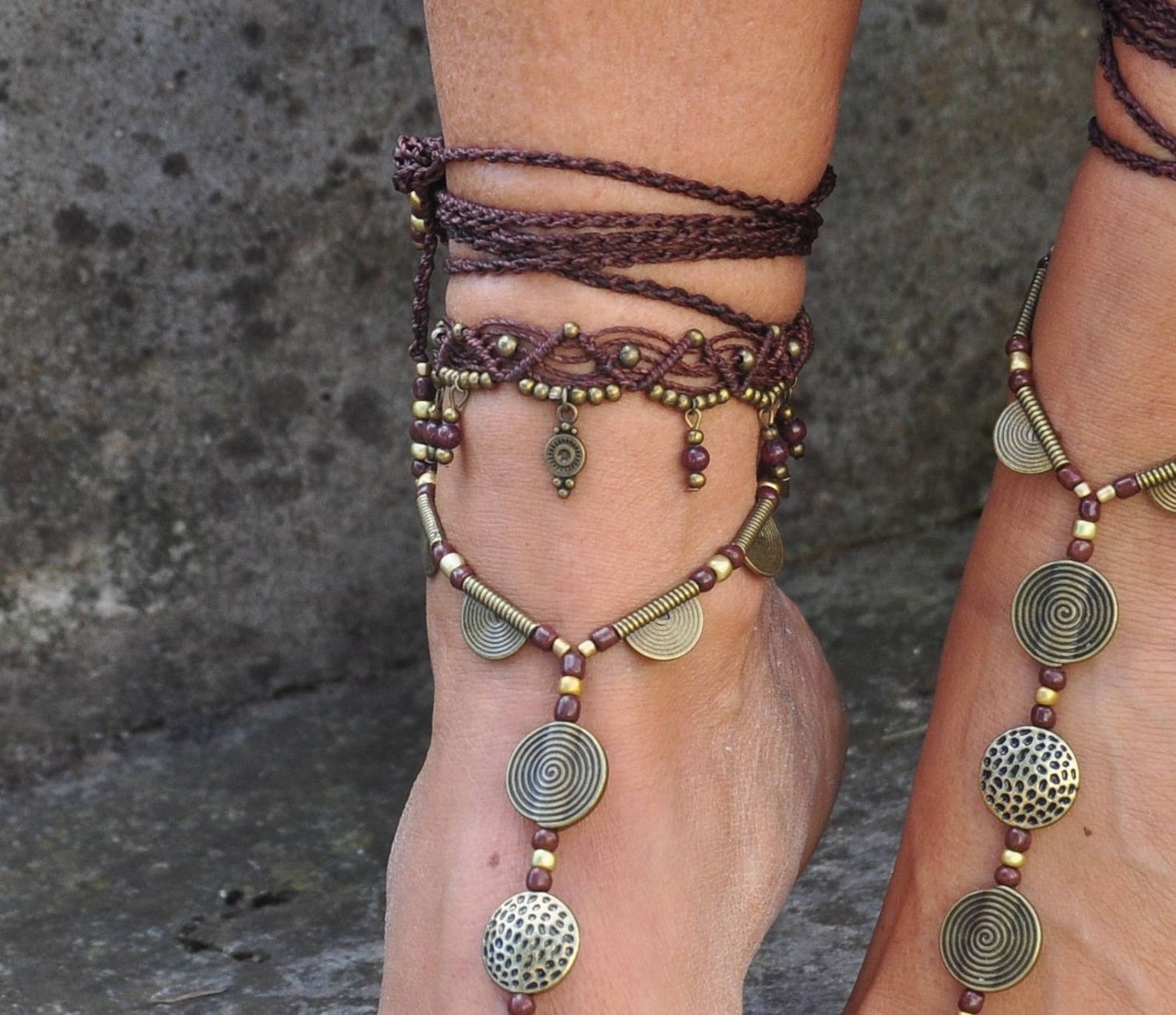BROWN and Brass Hippie ANKLET, MACRAME Anklet,feet Jewelry,ankle ...