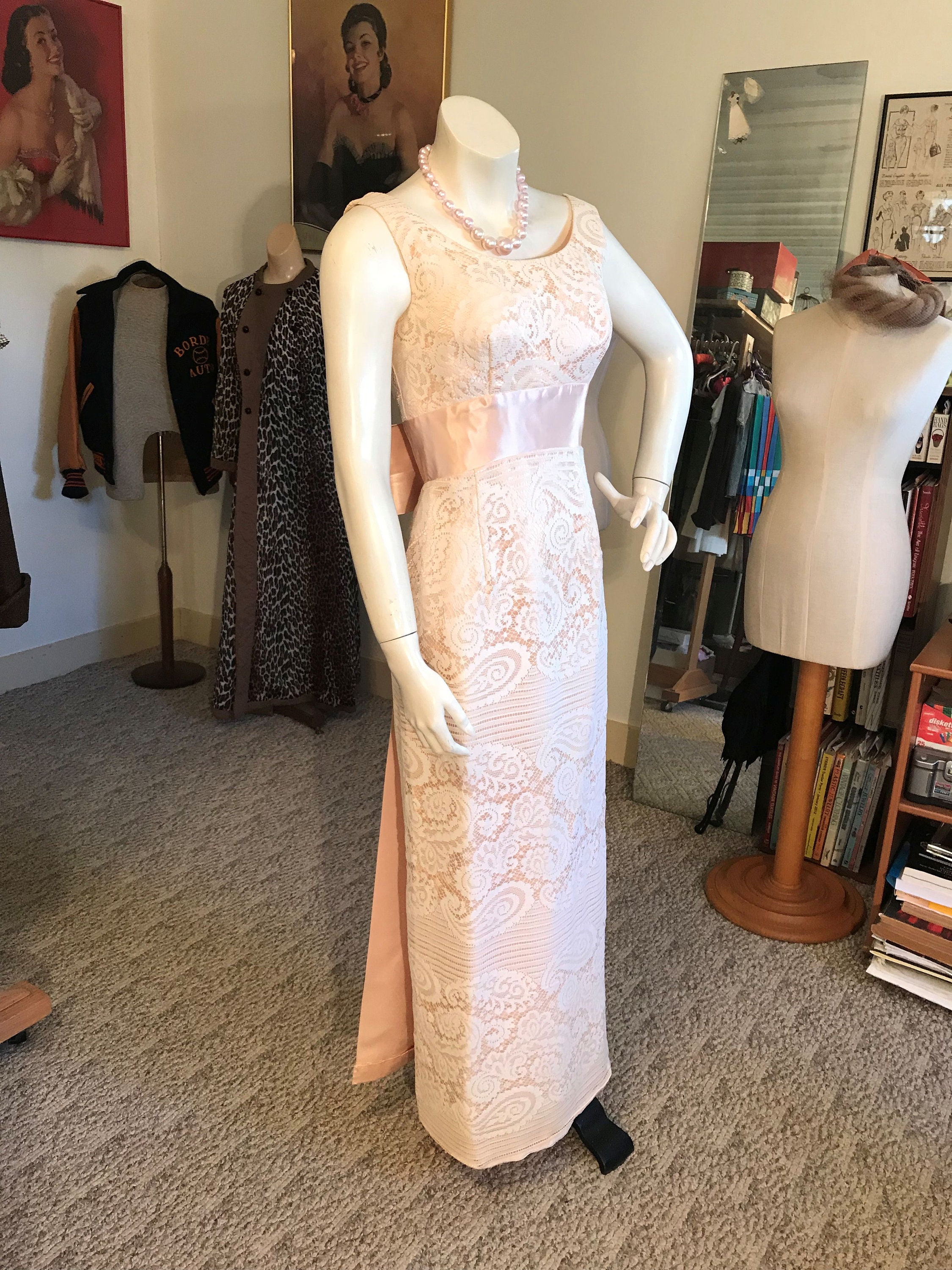 Vintage 1950's Exquisite Full Length Satin & Lace Evening Gown W/satin ...
