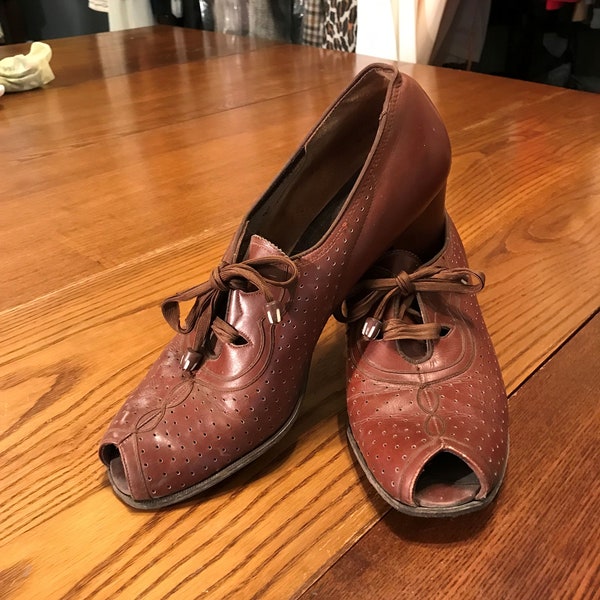 Brown Leather Peep Toe Shoes - Etsy