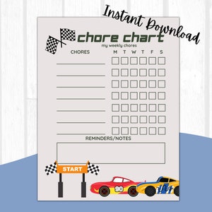 Race Car Chore Chart: Kids Printable Weekly Planner (digital Download ...