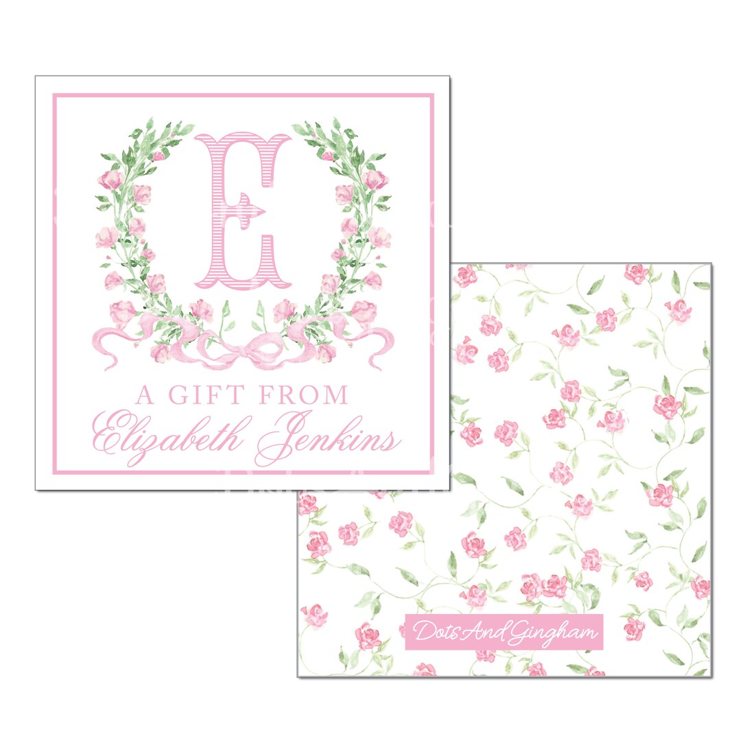 Pink Floral Crest Gift Tags, Pink Floral Wreath Bow Stickers, Floral ...