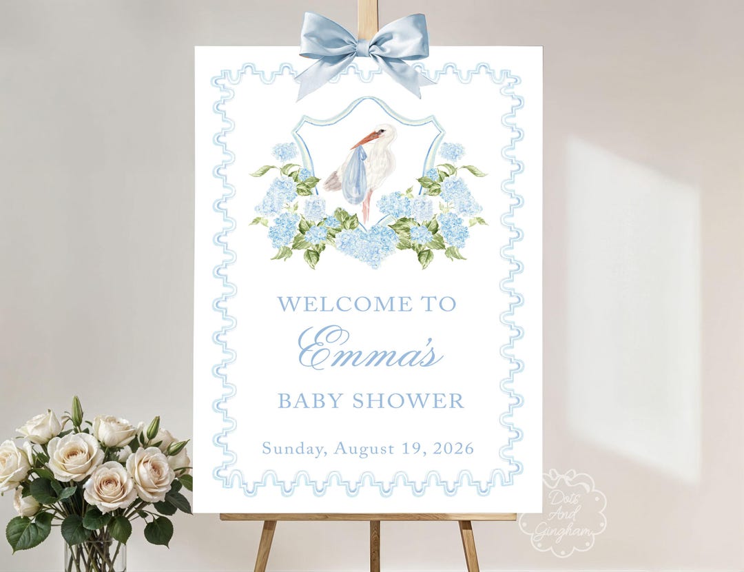 Stork Baby Shower Welcome Sign, Stork Party Sign, Hydrangea Welcome ...