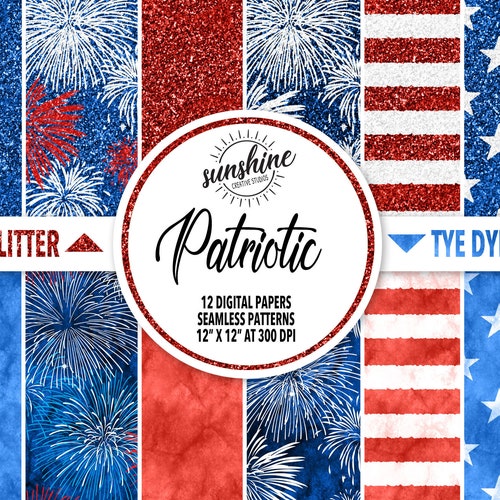 Red White and Blue Floral Digital Paper Seamless Patriotic - Etsy