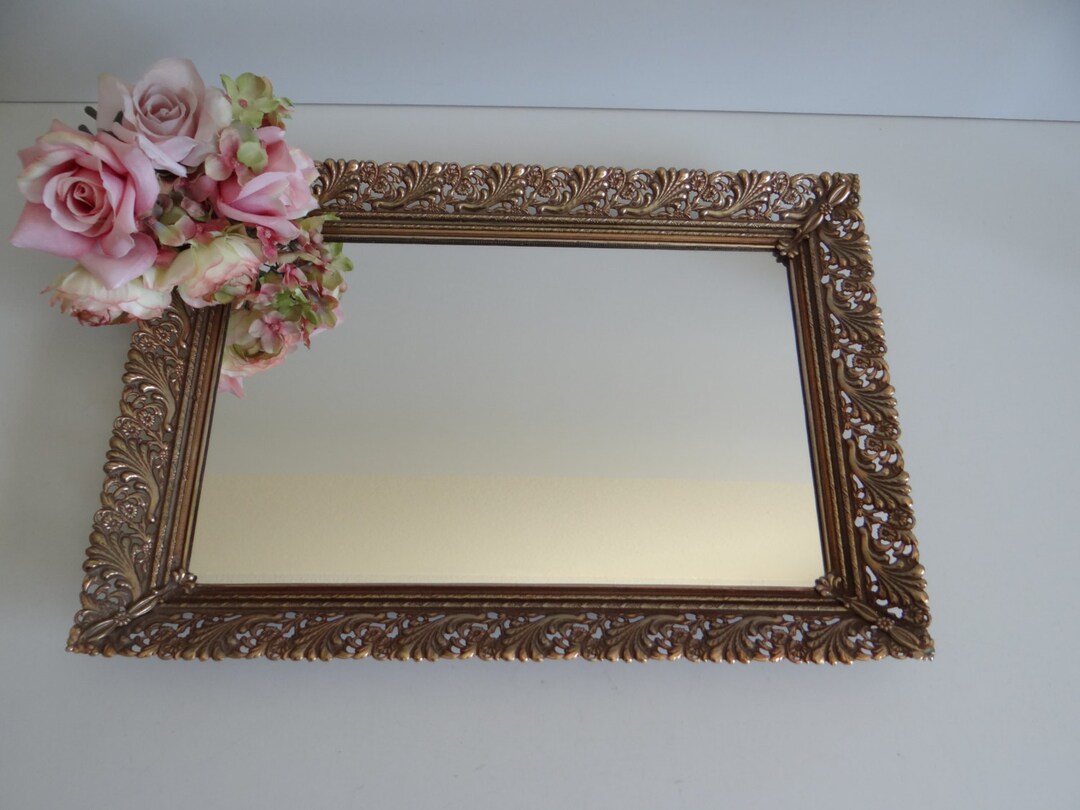 Large Mirrored Vanity Tray With Gold Tone Scalloped Filigree ...