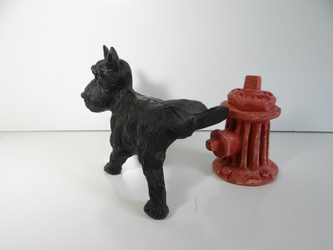Vintage Black Cast Iron Scottie Dog and Red Resin Fire Hydrant - Peeing ...