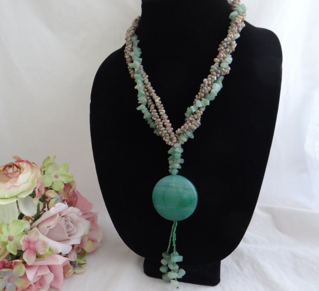 Unique Polished Green Stone and Shell Necklace Gorgeous Natural ...