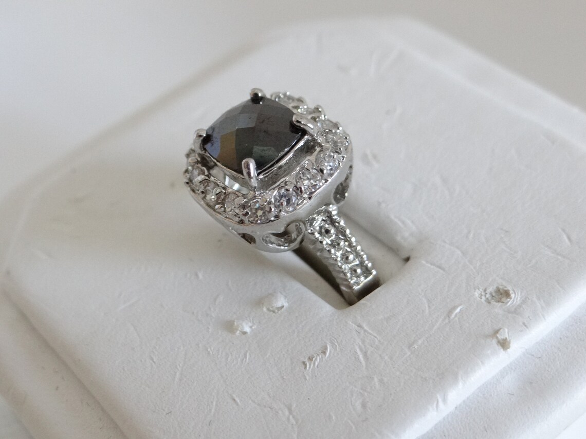 Black Faceted Square Rhinestone Ring on a Silver Tone Setting | Etsy