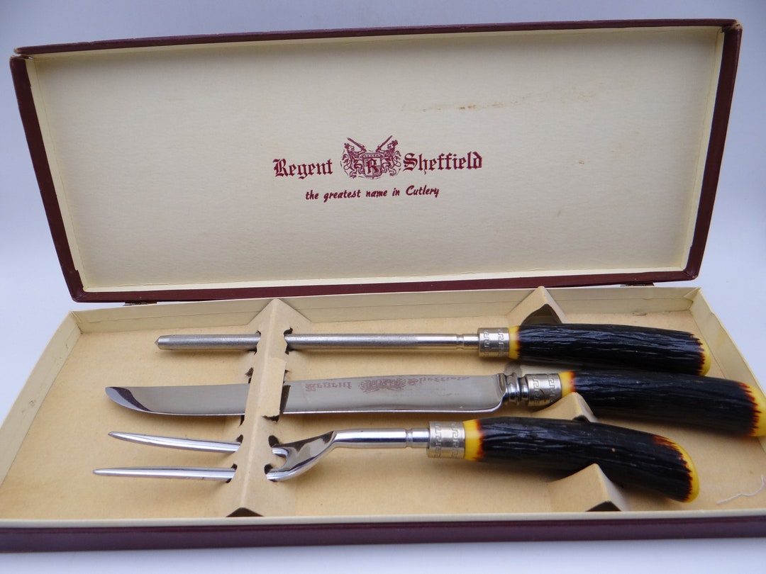 Vintage Mid Century 3 Piece Bone Handled Carving Stag Style Set Regent ...