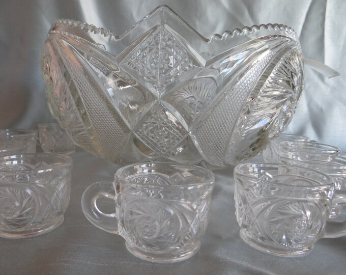 1890s Mckee Aztec Punch Bowl Set With 12 Punch Cups and Ladle ...