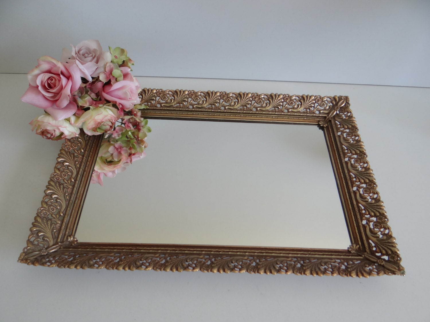 Large Mirrored Vanity Tray With Gold Tone Scalloped Filigree | Etsy