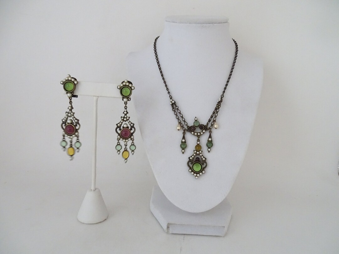 Ben Amun Victorian Art Deco Style Rhinestone Necklace & Earring Set on Antiqued Metal Chain ...