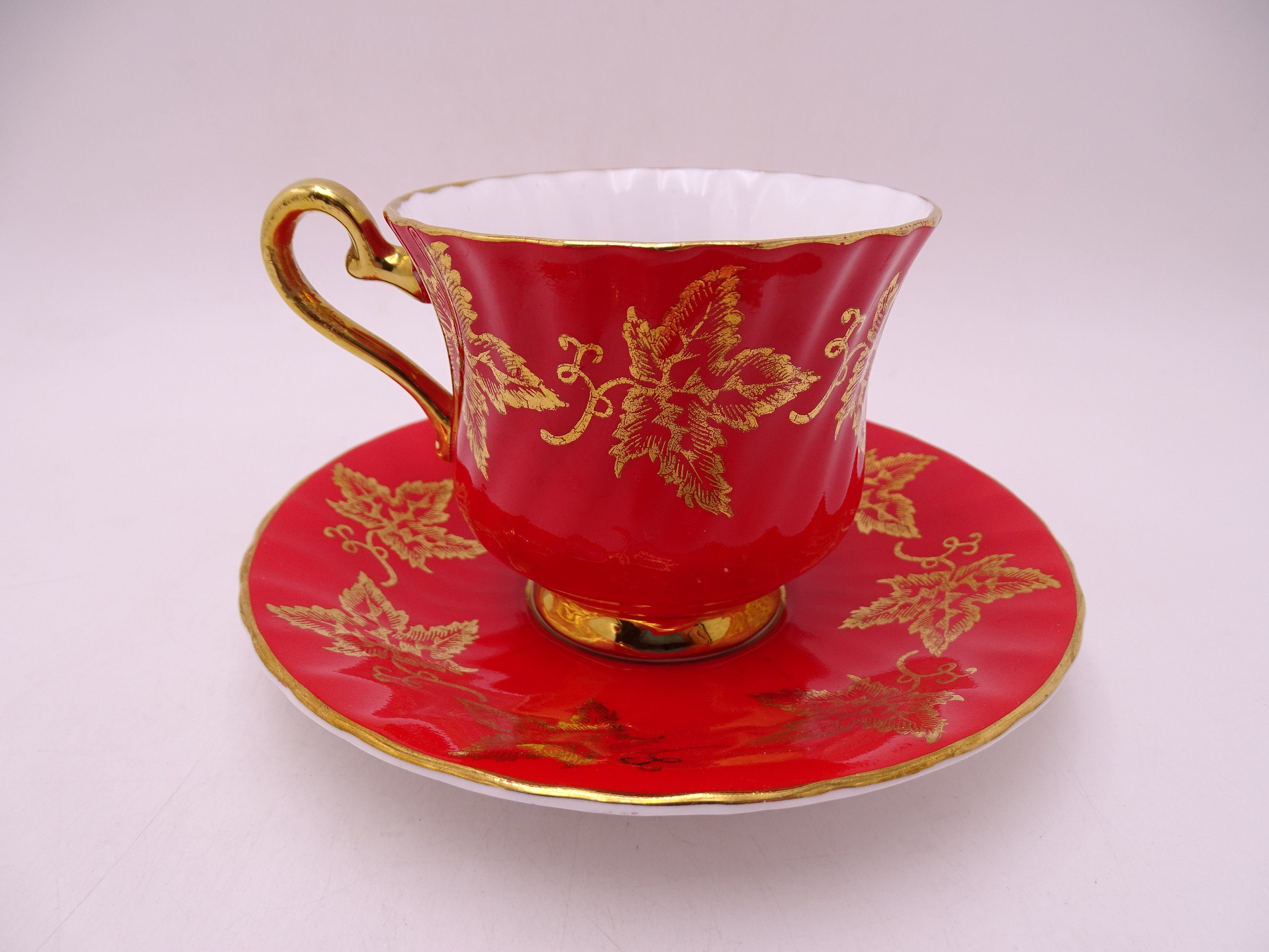 Vintage 1940s H&M Sutherland English Bone China Red and Gold Teacup and ...