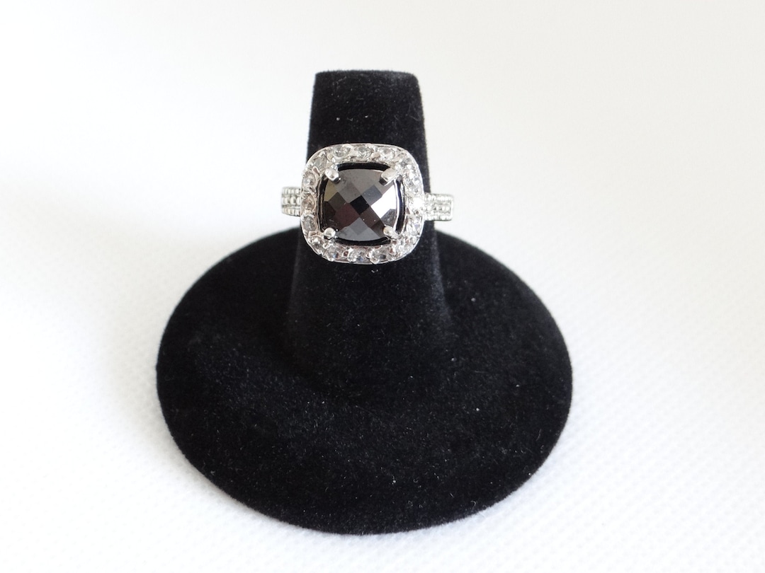 Black Faceted Square Rhinestone Ring on a Silver Tone Setting Size 6-1/ ...