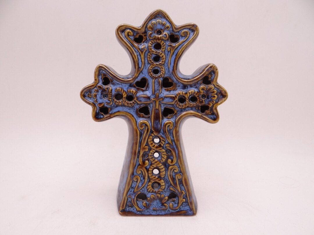 Vintage Ceramic Blue Religious Cross Tea Light Candle Holder - Etsy